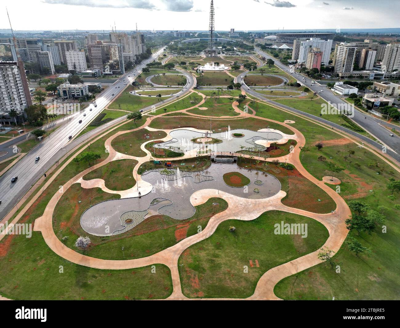 A view of a park featuring a variety of colorful shapes and patterns ...