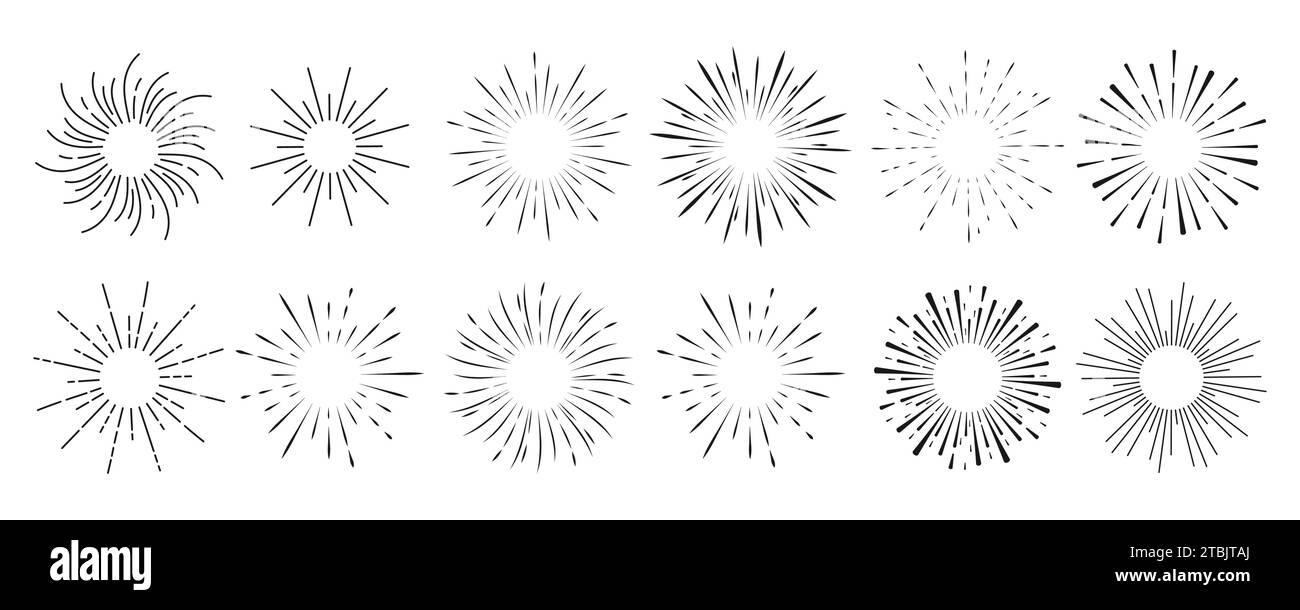 Set Fireworks, rays, sunburst frames circle border decoration, sparkle ...