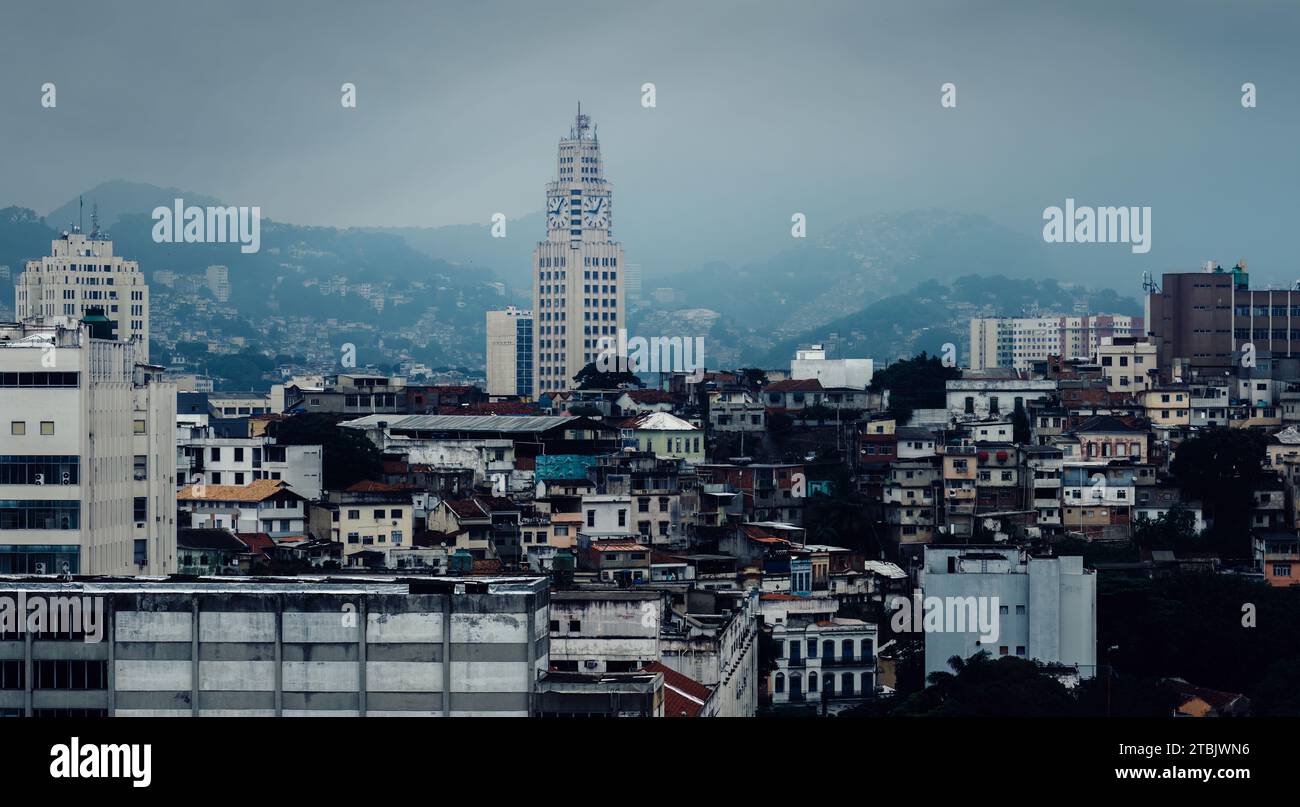 Clock Tower in downtown Rio de Janeiro, Brazil with favelas on the ...