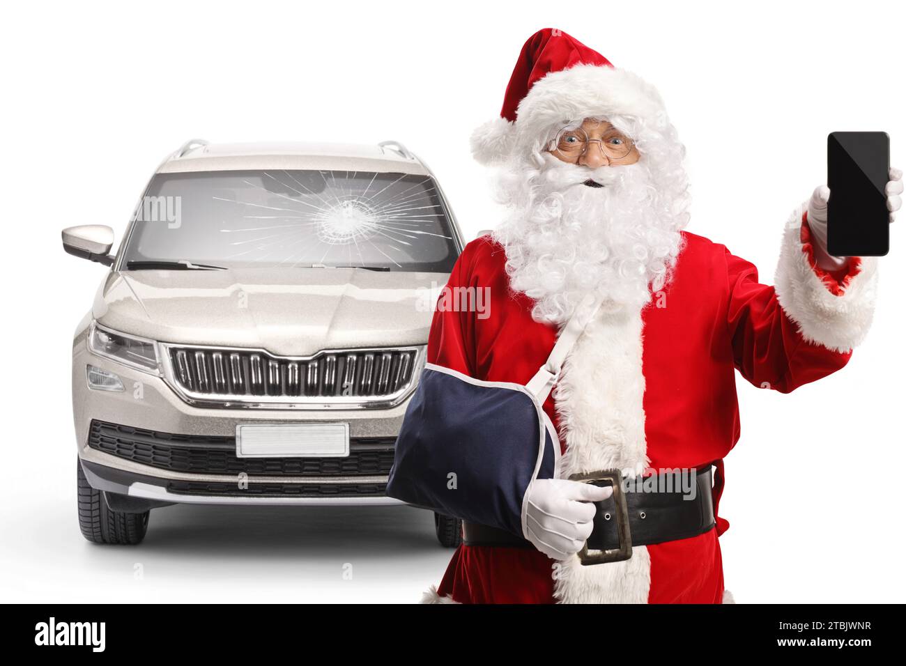 Santa claus with an injured arm from a car crash injury holding a ...