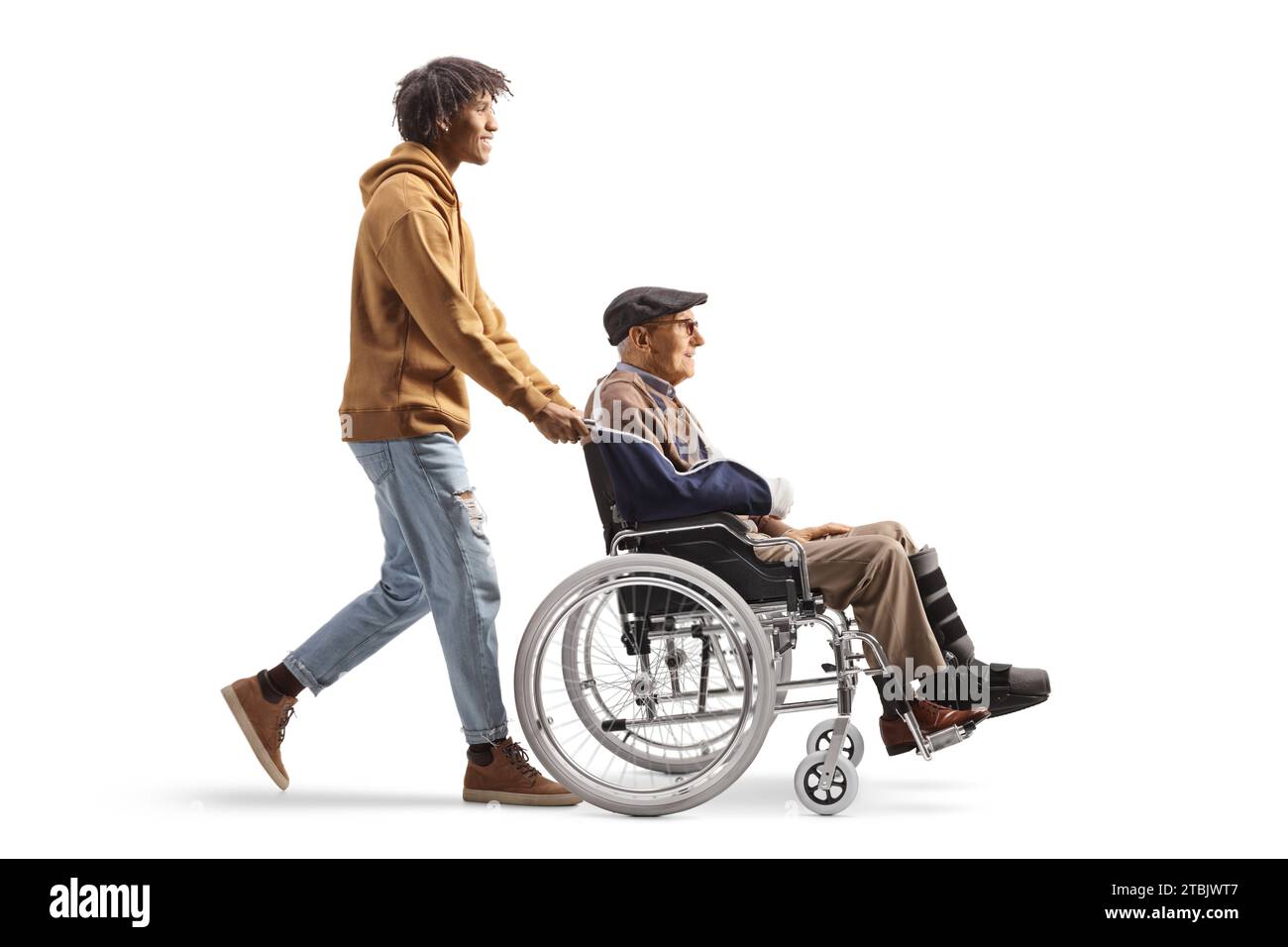 African american young man pushing injured man in a wheelchair isolated ...