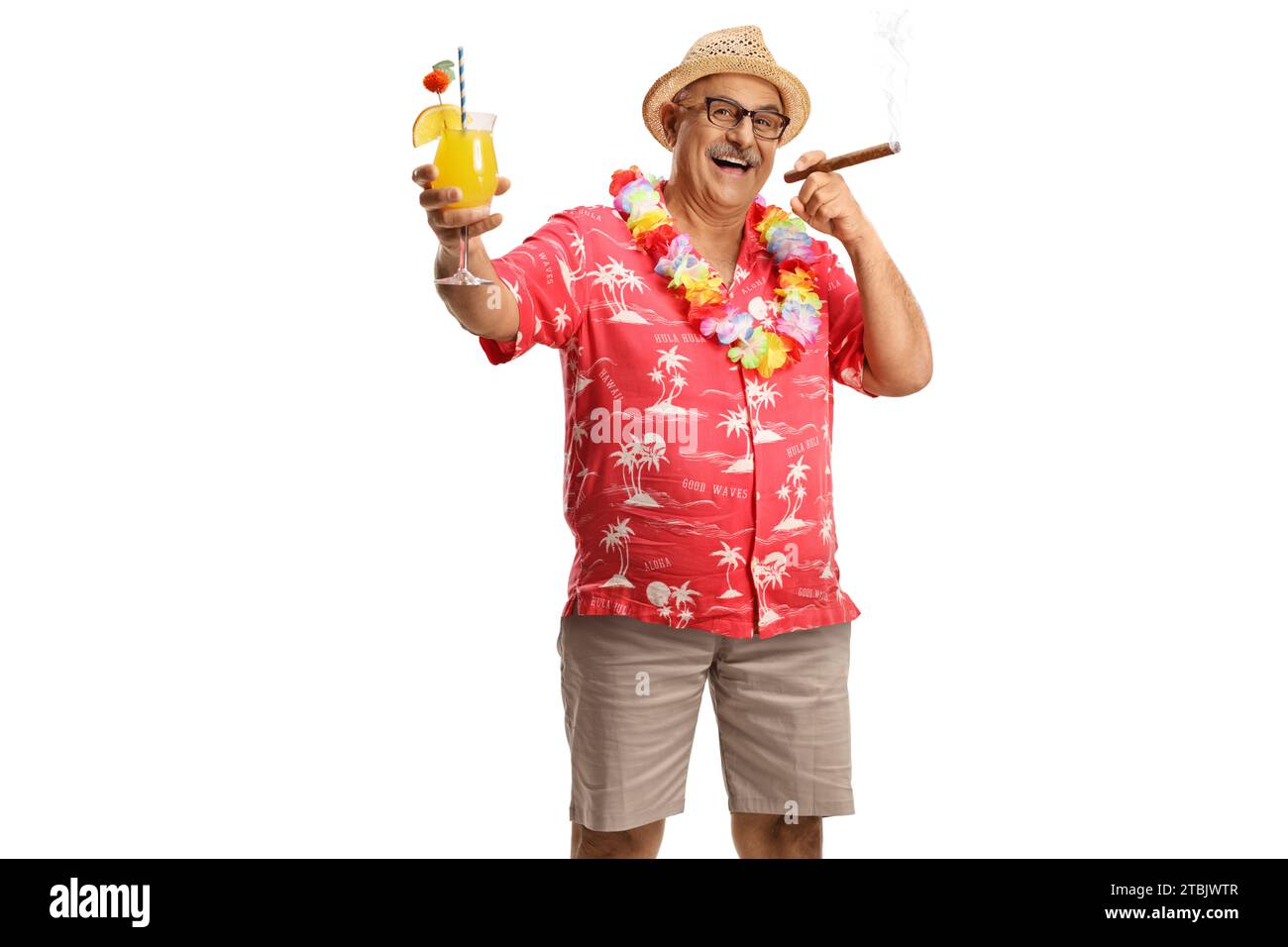 Happy mature male tourist smoking a cigar and holding a glass of ...