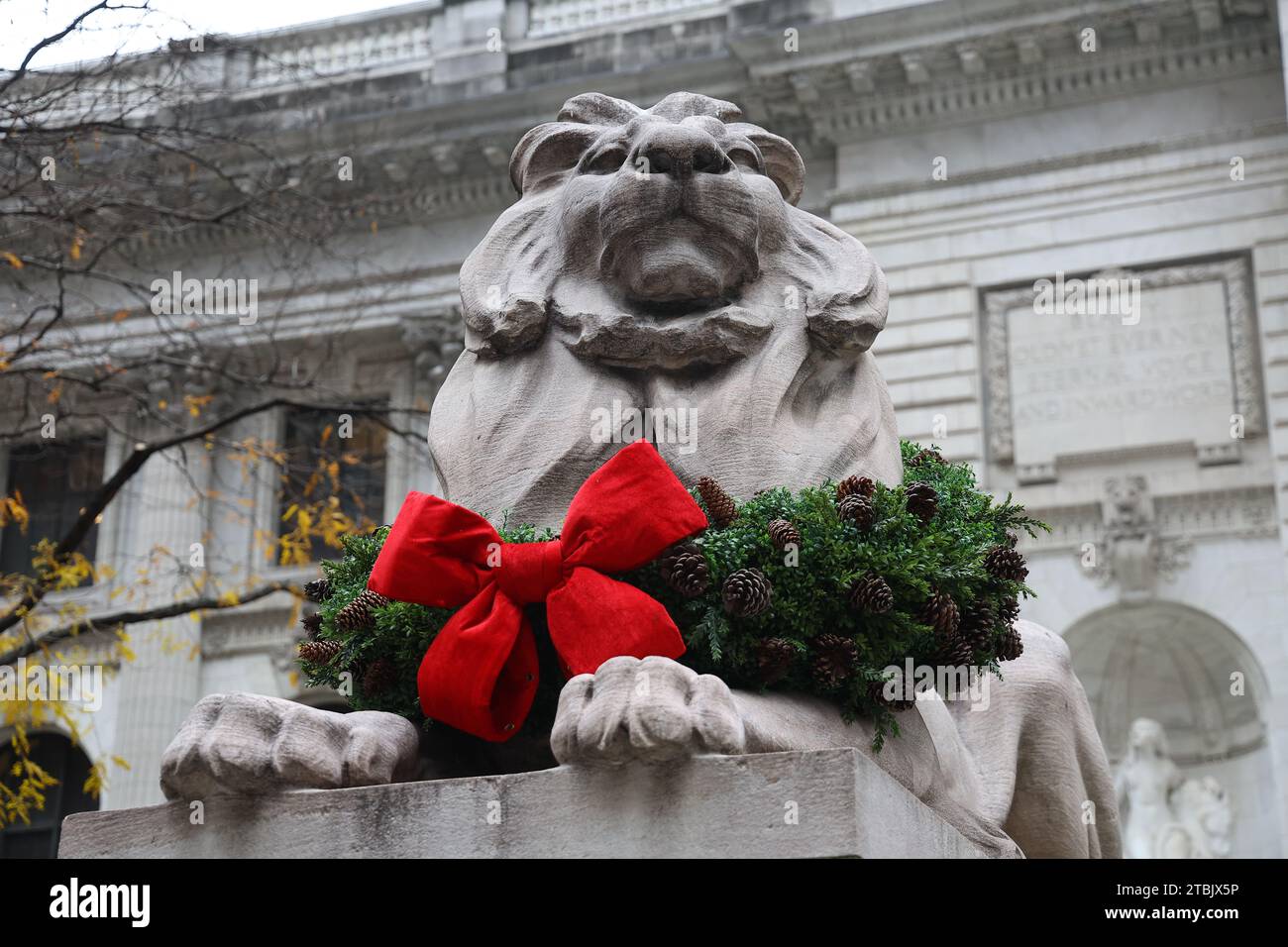 NYC Public Library Lion Patience wears a holiday wreath around its neck ...