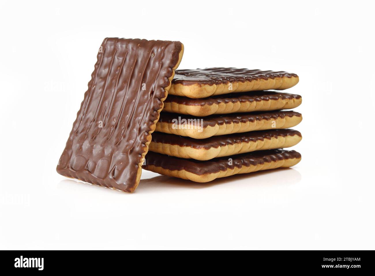 Stack of chocolate dipped square shape biscuits isolated on white ...