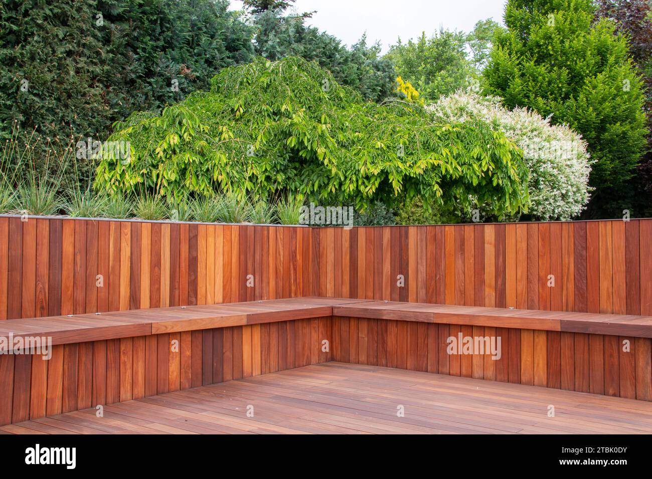 Hardwood timber deck, bench and cladding wood structure with greenery ...
