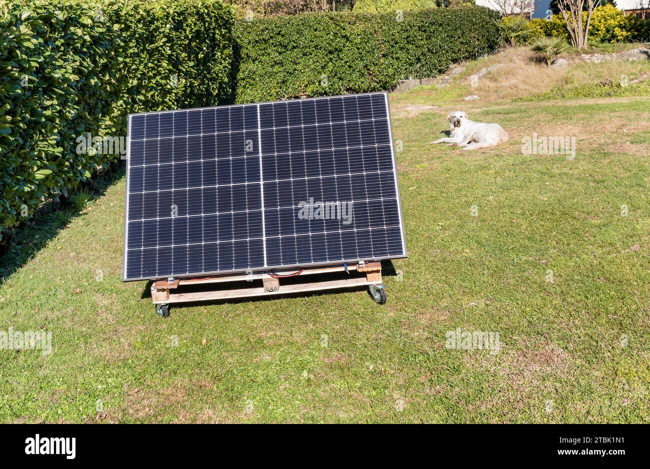 Photovoltaic panels on the wooden pallet in the home garden. Green ...