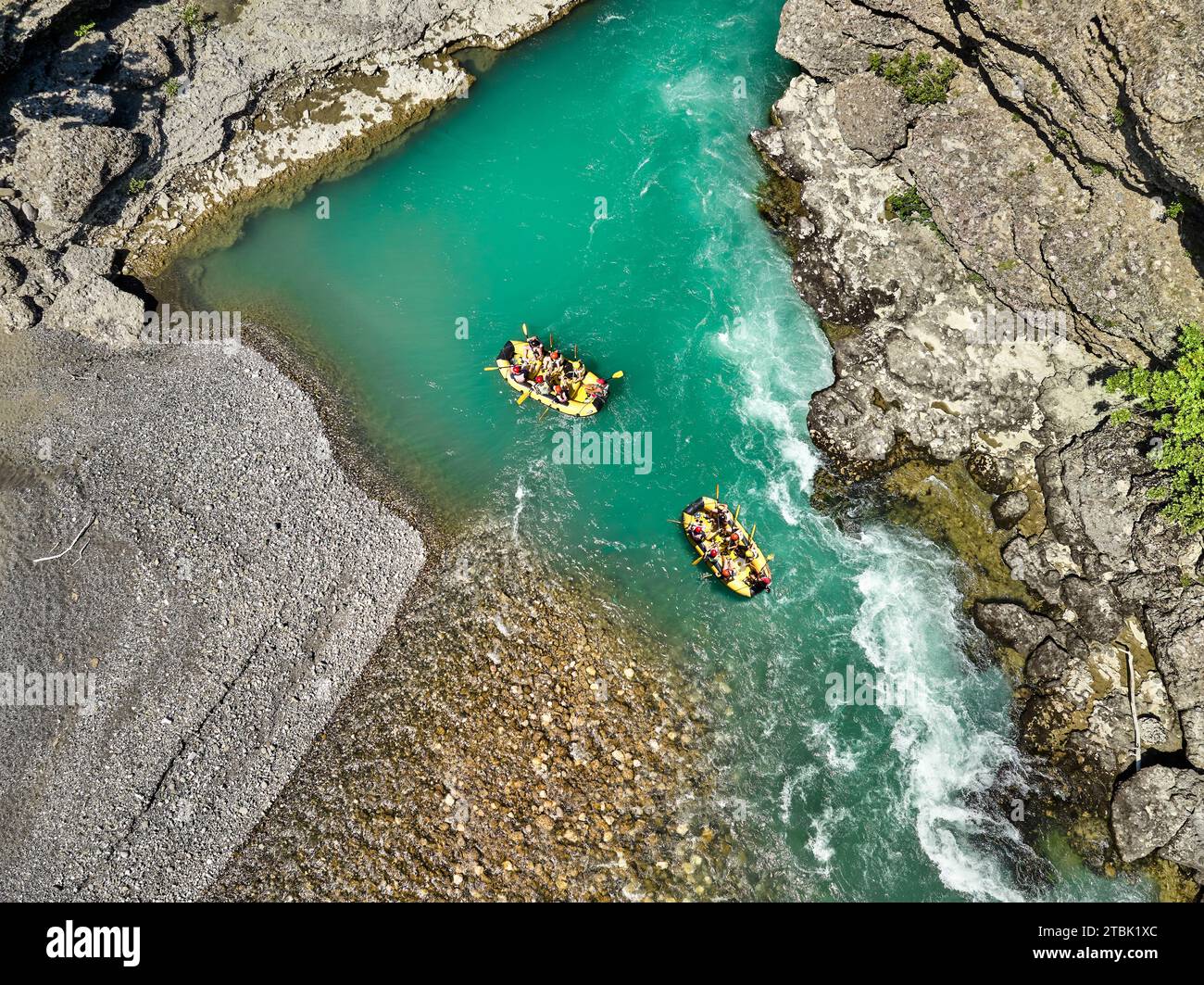 White water rafting. Adventure and sport. Two yellow rafts floating ...