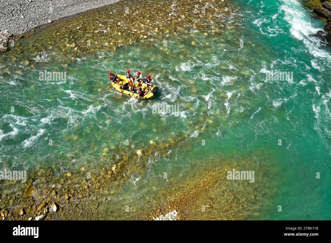 White water rafting. Adventure and sport. A yellow raft floating on the ...