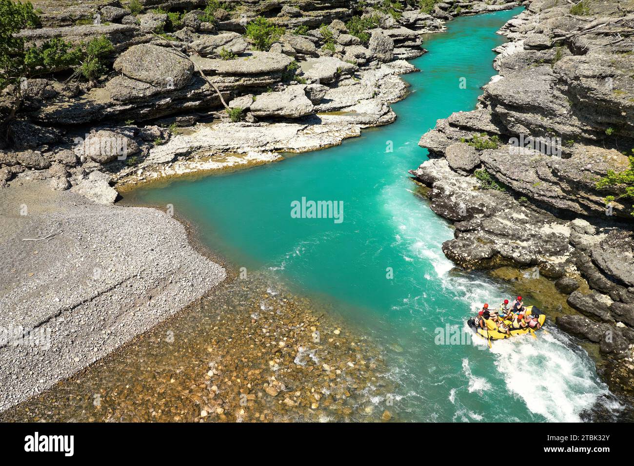 White water rafting. Adventure and sport. A yellow raft floating among ...