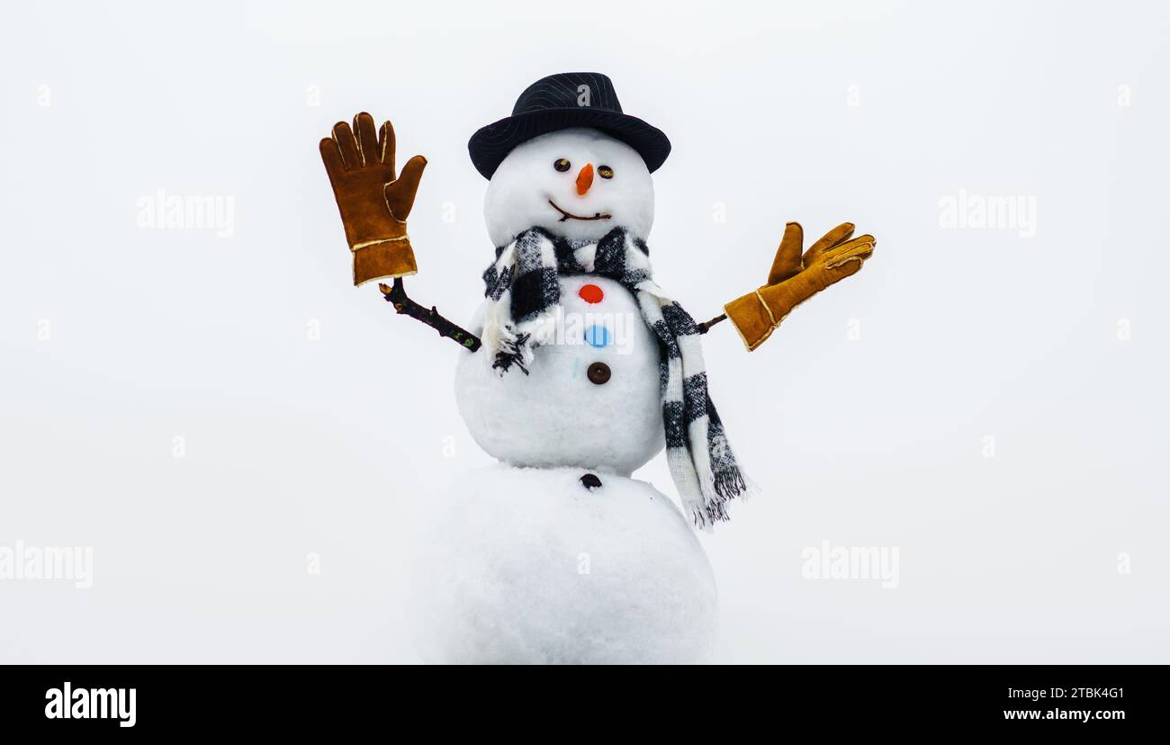 Winter holidays celebration. Happy snowman in hat, scarf and gloves in ...