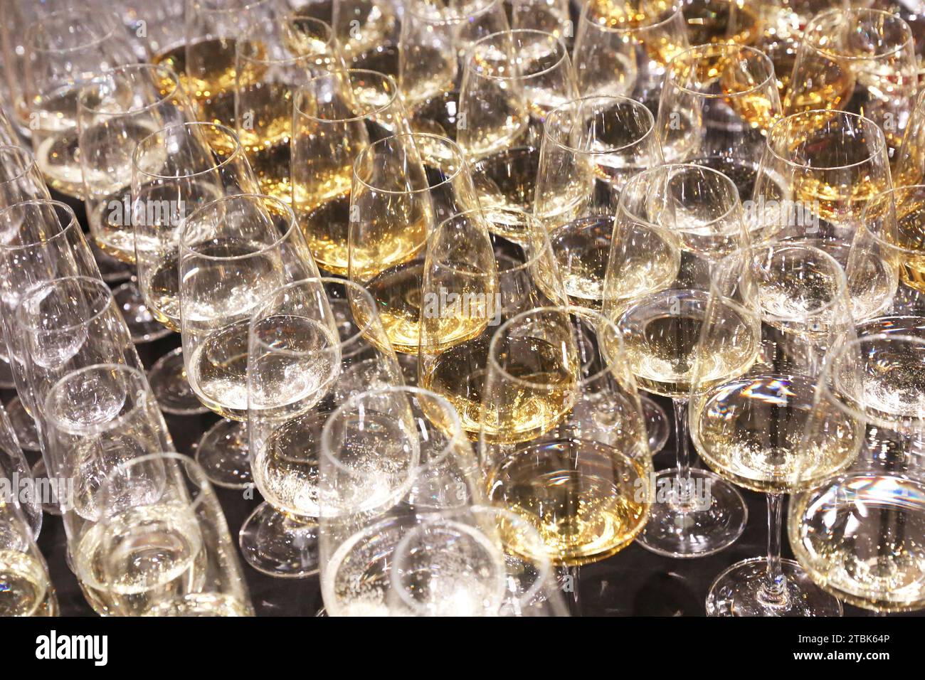 Group of wine glasses at partytime in restaurant. Hospitality ...