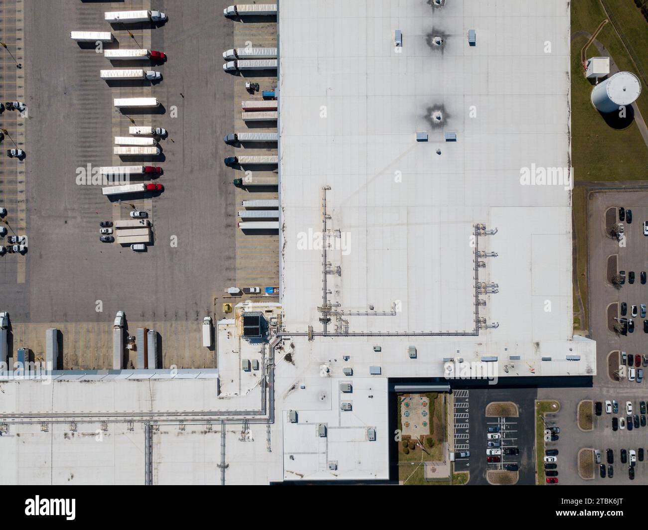 Drone images of the roof of a food distribution warehouse, and a ...