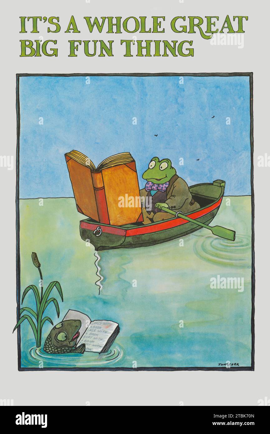 "Poster shows a frog wearing a suit, rowing a boat and reading a book ...