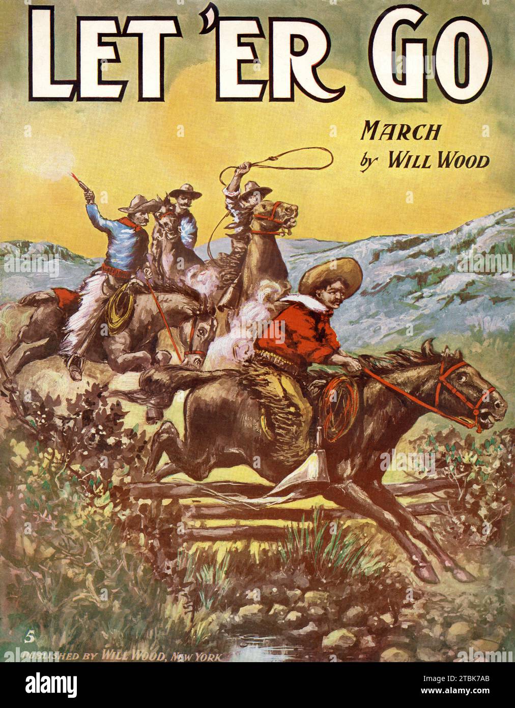Sheet music cover art of cowboys racing through the landscape and ...