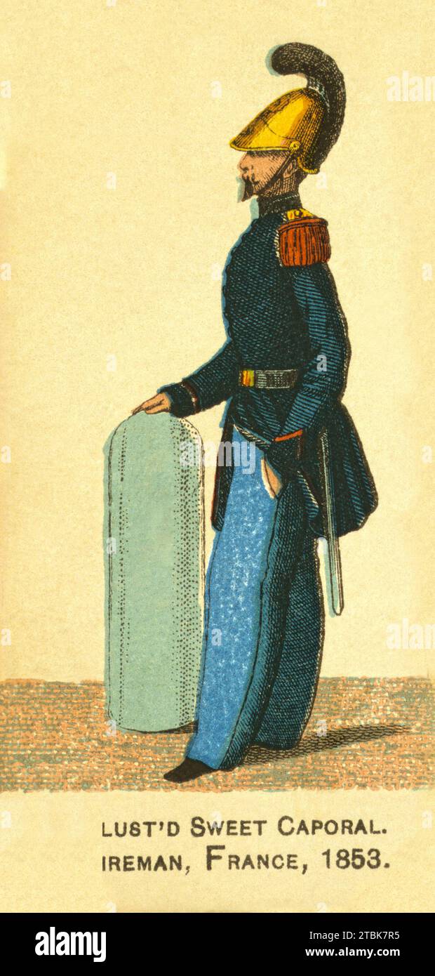 "Print shows a French fireman in 1853, wearing uniform, on cigarette ...