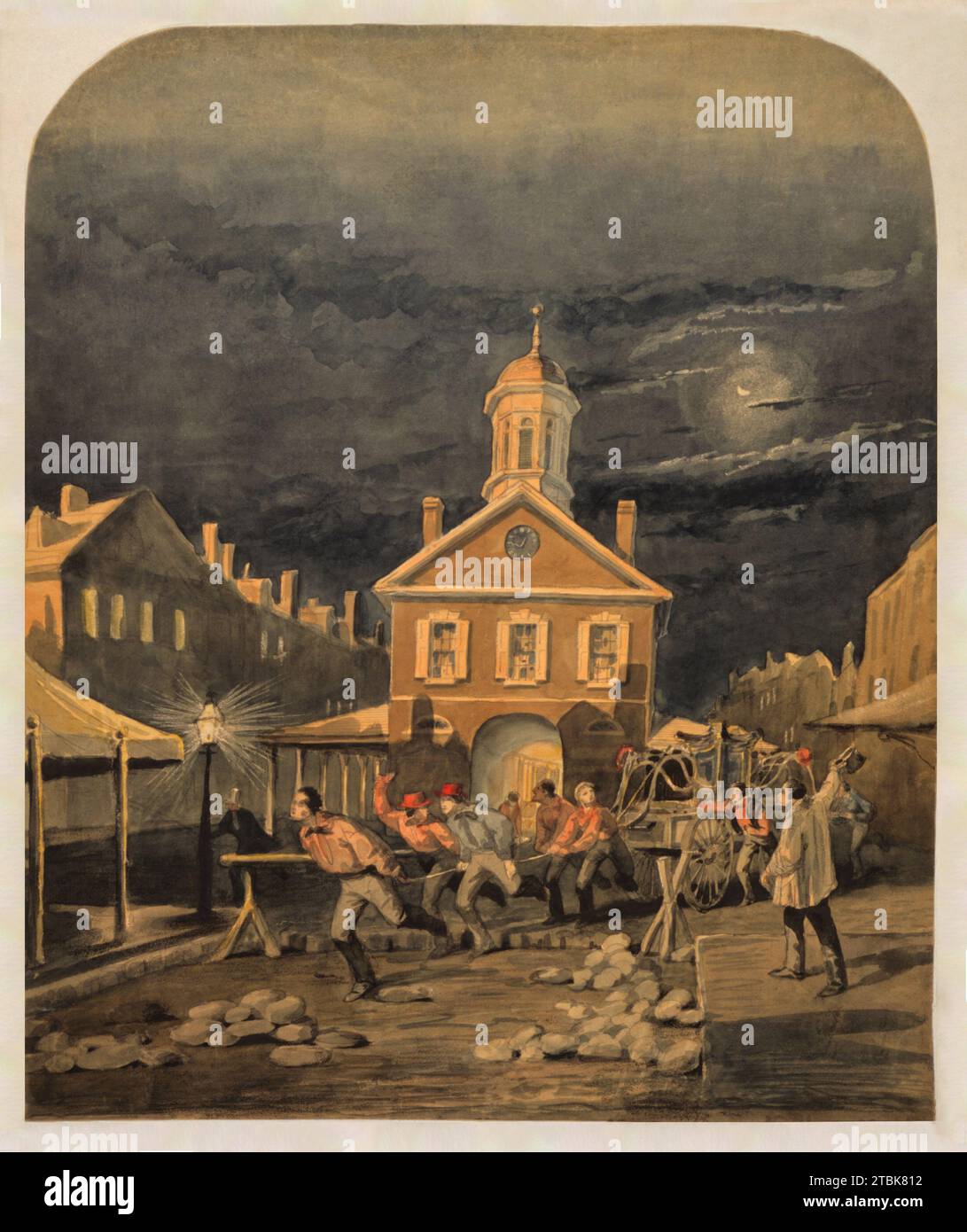 Firehouse scene showing firemen leaving firehouse pulling a hand-drawn ...