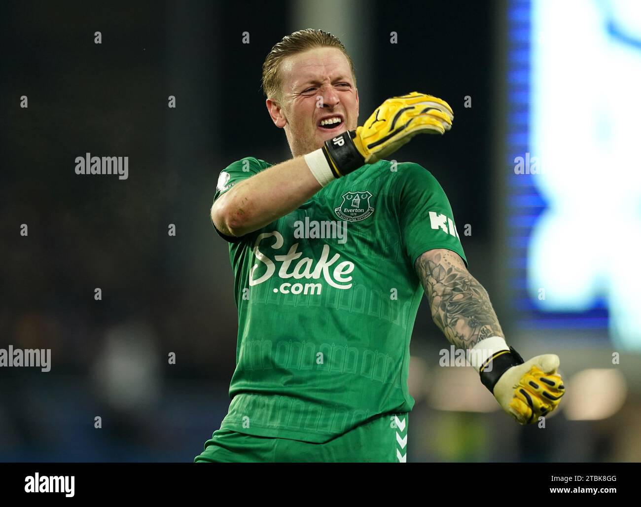 Everton goalkeeper Jordan Pickford celebrates after Dwight McNeil ...