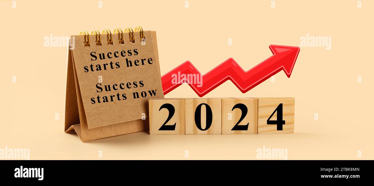 Calendar with text SUCCESS STARTS HERE, SUCCESS STARTS NOW, arrow and ...