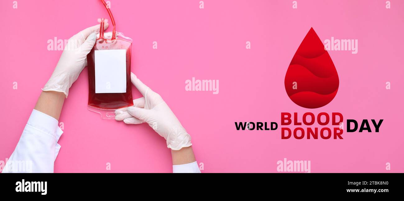 Banner with blood pack for transfusion and doctor's hands on pink ...