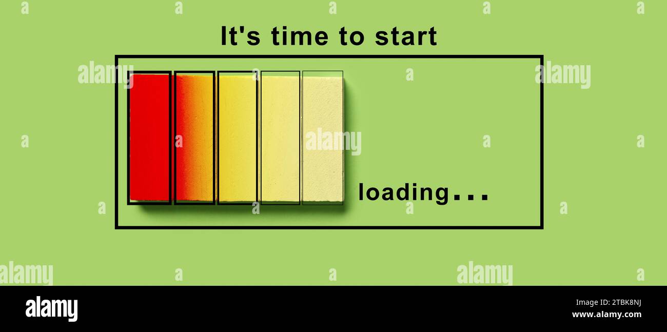Color blocks with text IT'S TIME TO START, LOADING on green background ...