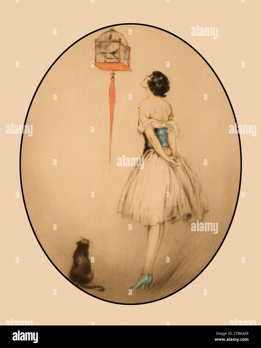 "Red Cage, 1928. A woman and a cat look up at a bird in a small cage ...