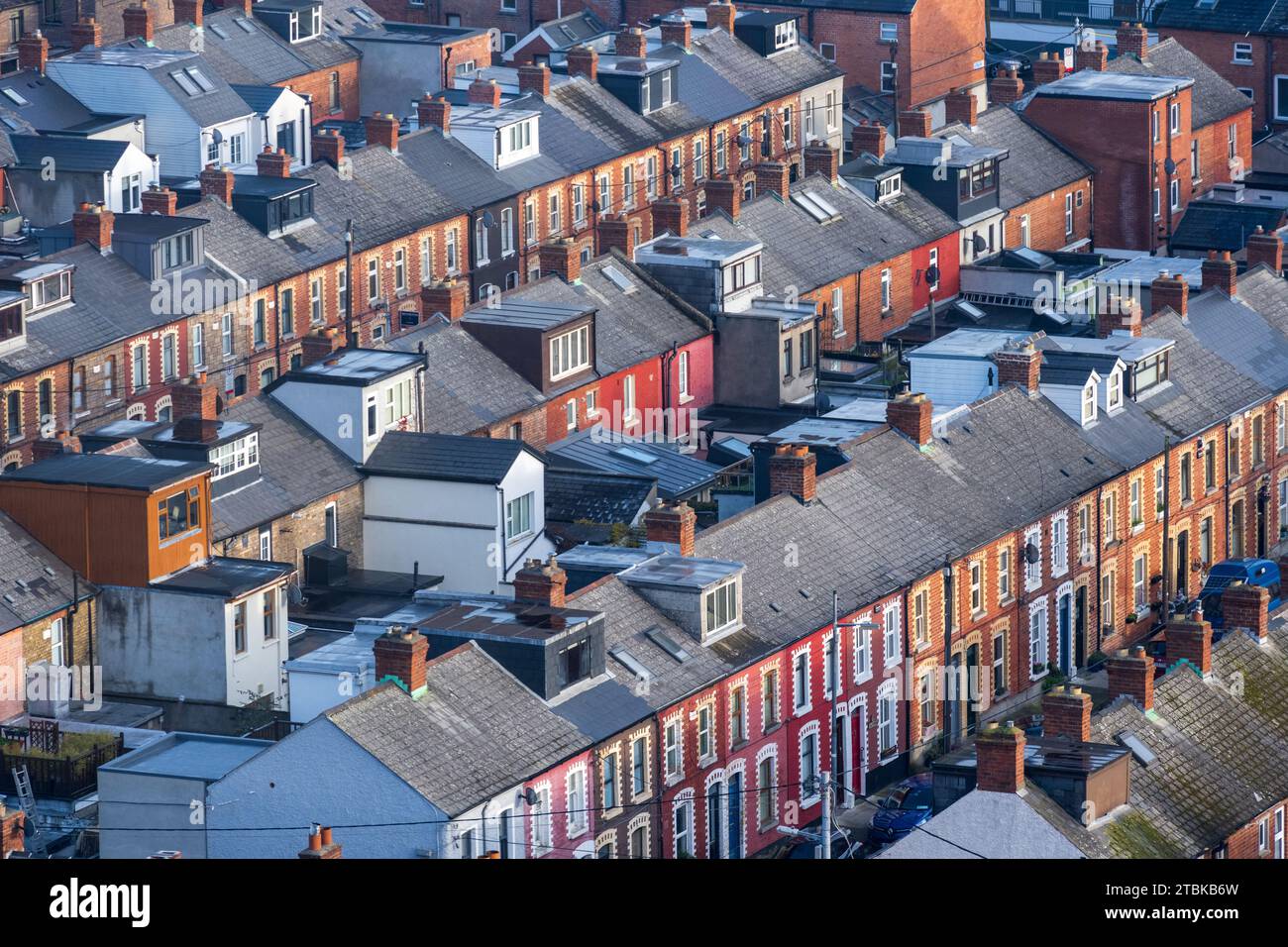 An aerial view of the city of Dublin, Ireland, featuring the terraced ...