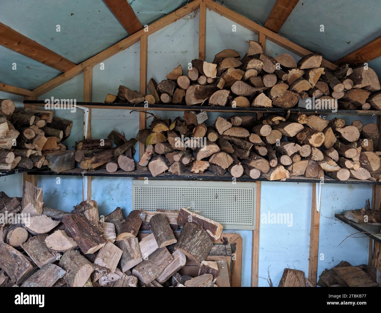 A room with wooden walls featuring a collection of split firewood in ...