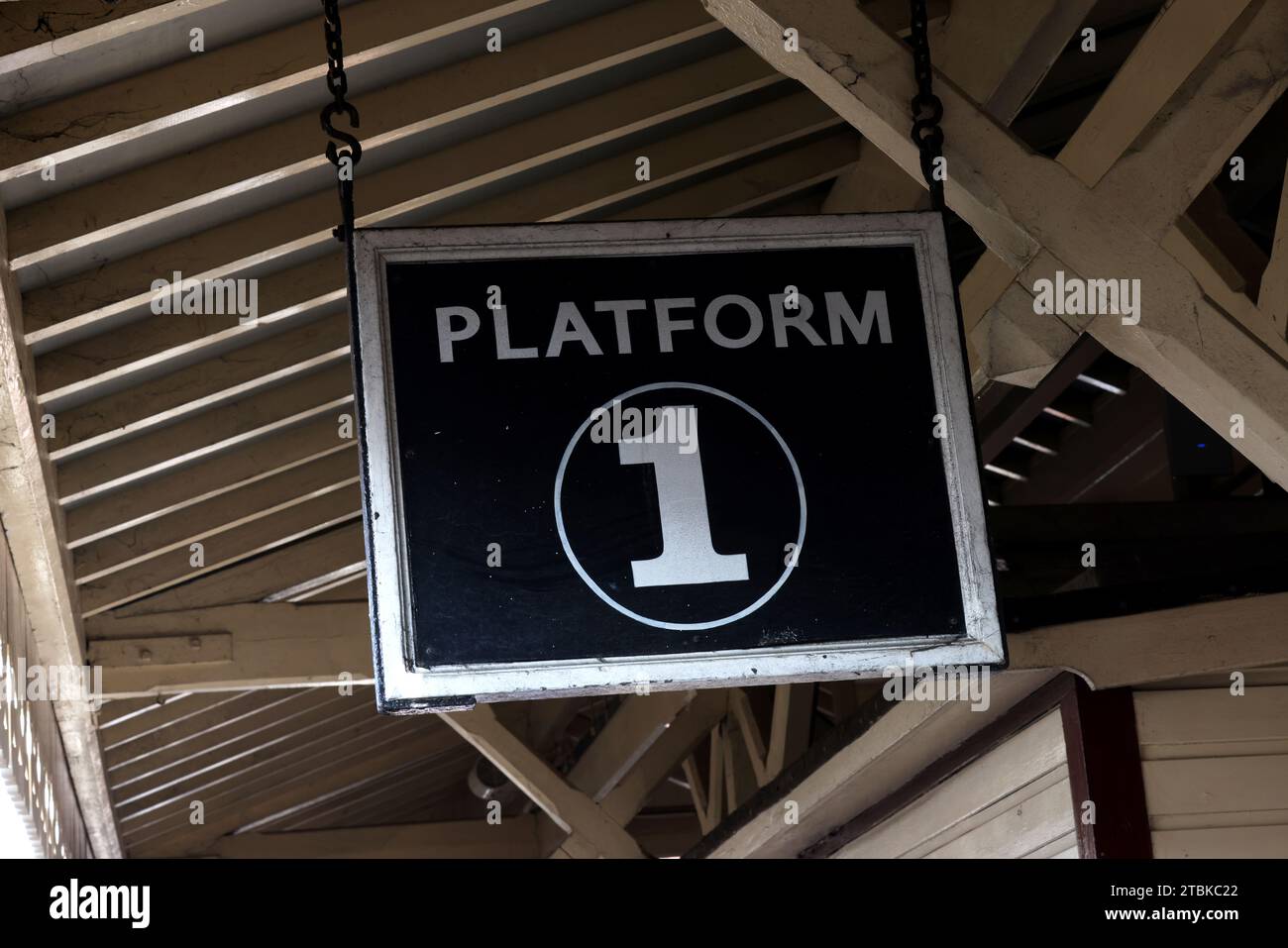 Platform 1 sign pictured on the Bluebell Railway, East Sussex, UK Stock ...
