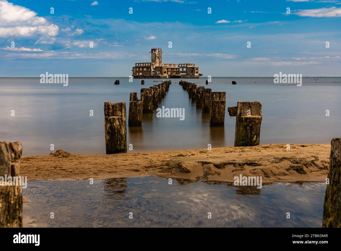 Gdynia, Poland - July 24 2023: Babie Doly beach with old ruins of pier ...