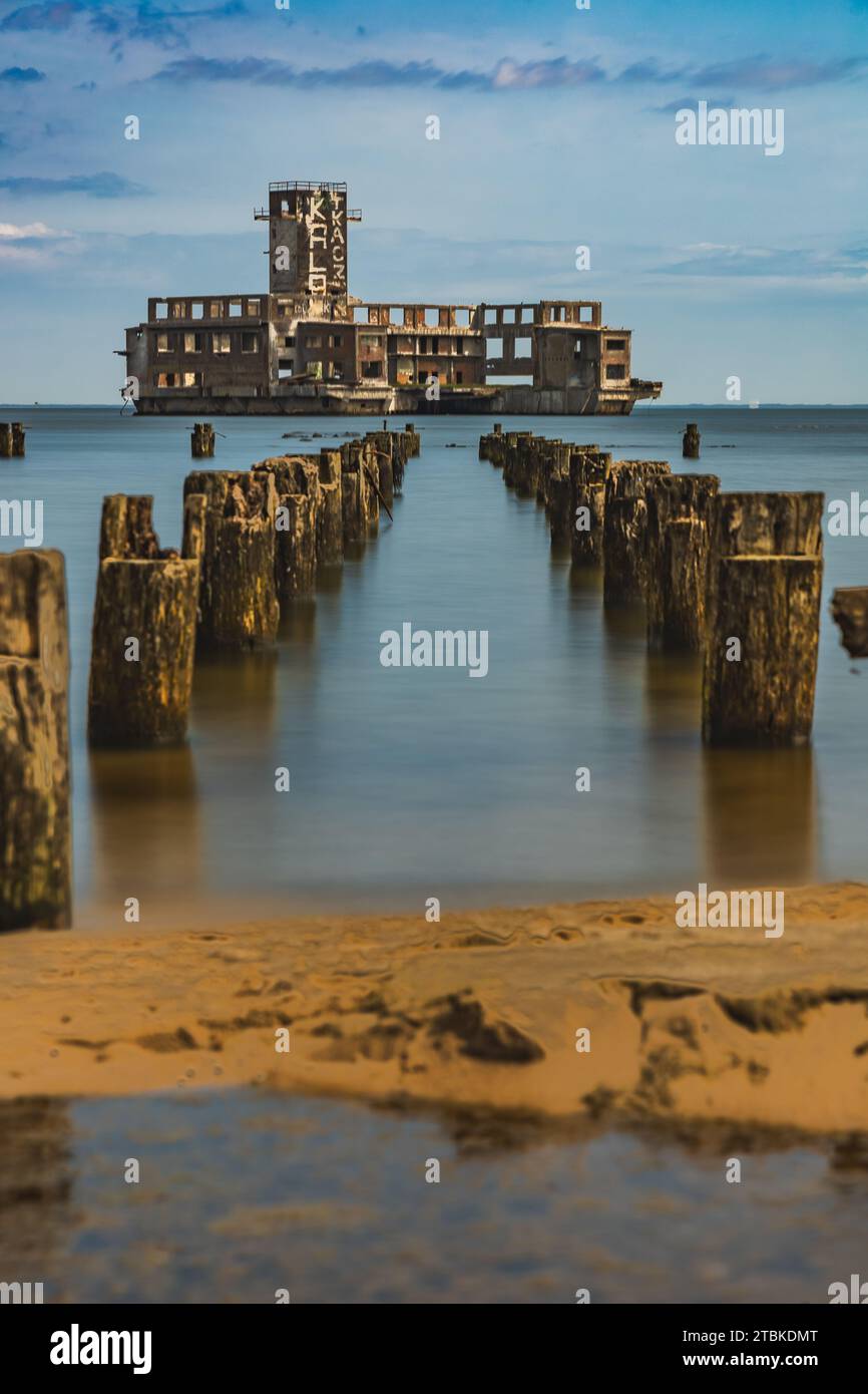 Gdynia, Poland - July 24 2023: Babie Doly beach with old ruins of pier ...
