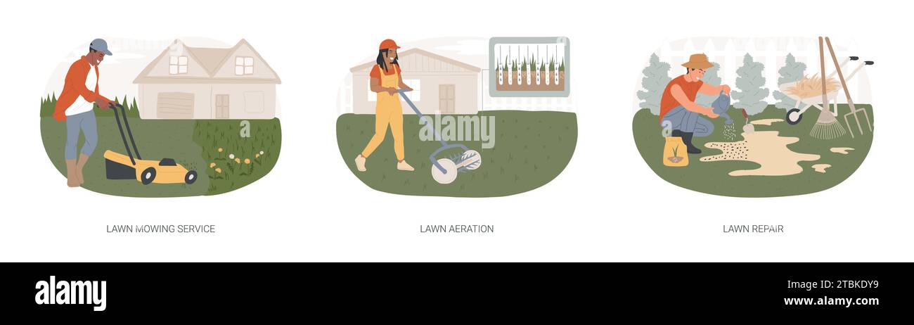 Turf maintenance isolated concept vector illustration set. Lawn mowing ...