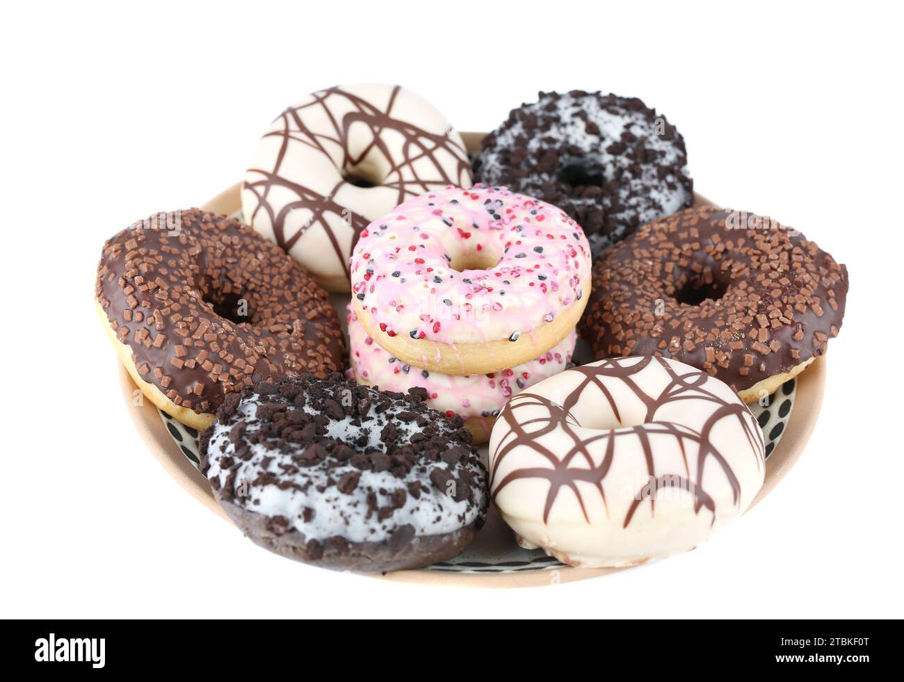 Many multiple color donuts on the big plate isolated on white ...