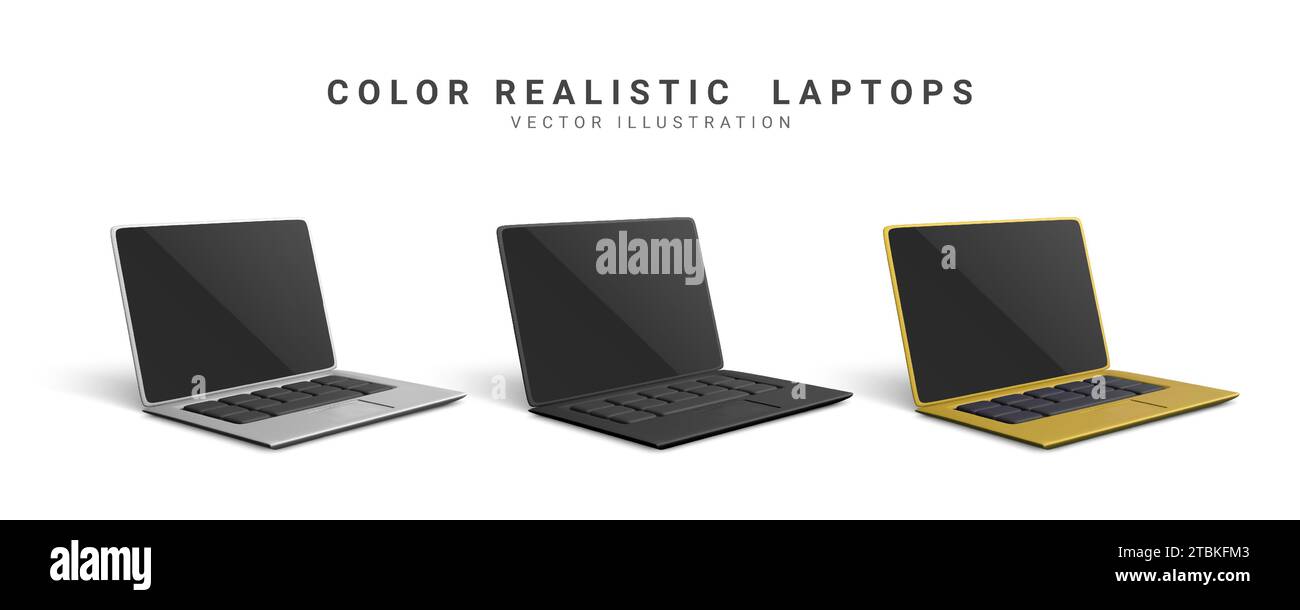 3d realistic set laptops in gold, silver, black colours with shadow ...
