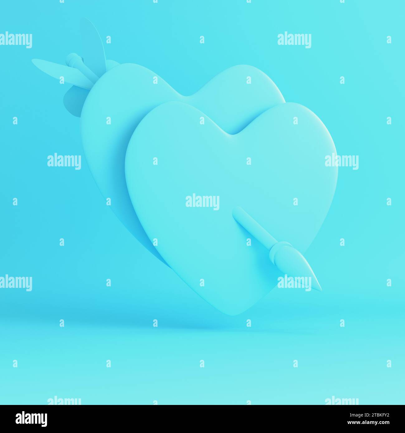Two hearts pierced by cupid arrow on bright blue background in pastel ...