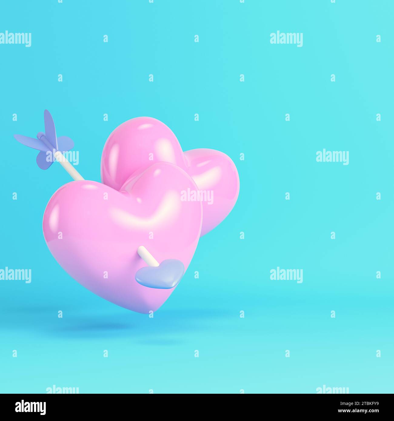 Pink two hearts pierced by cupid arrow on bright blue background in ...