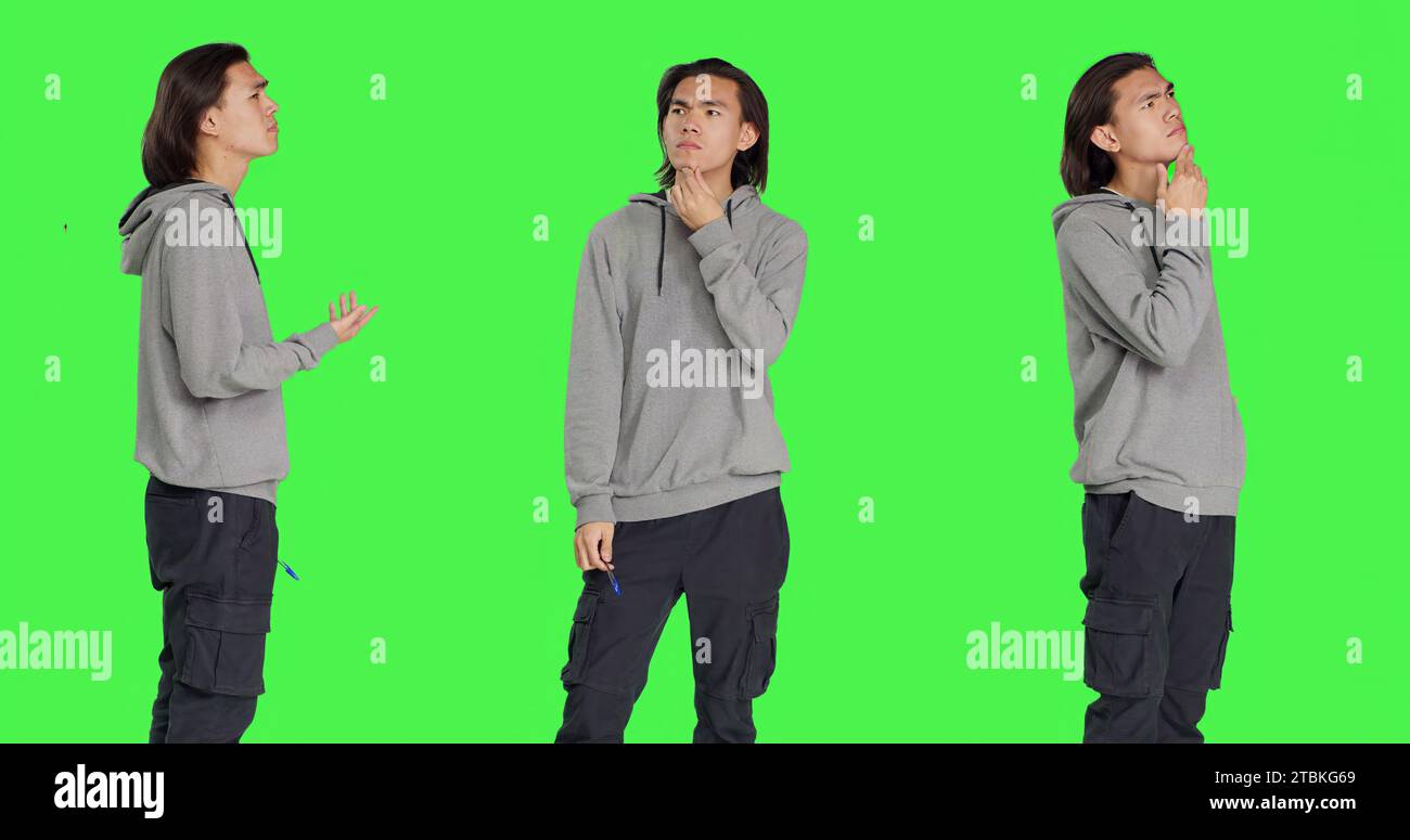 Male thinker acting confused on camera, thinking about question and ...