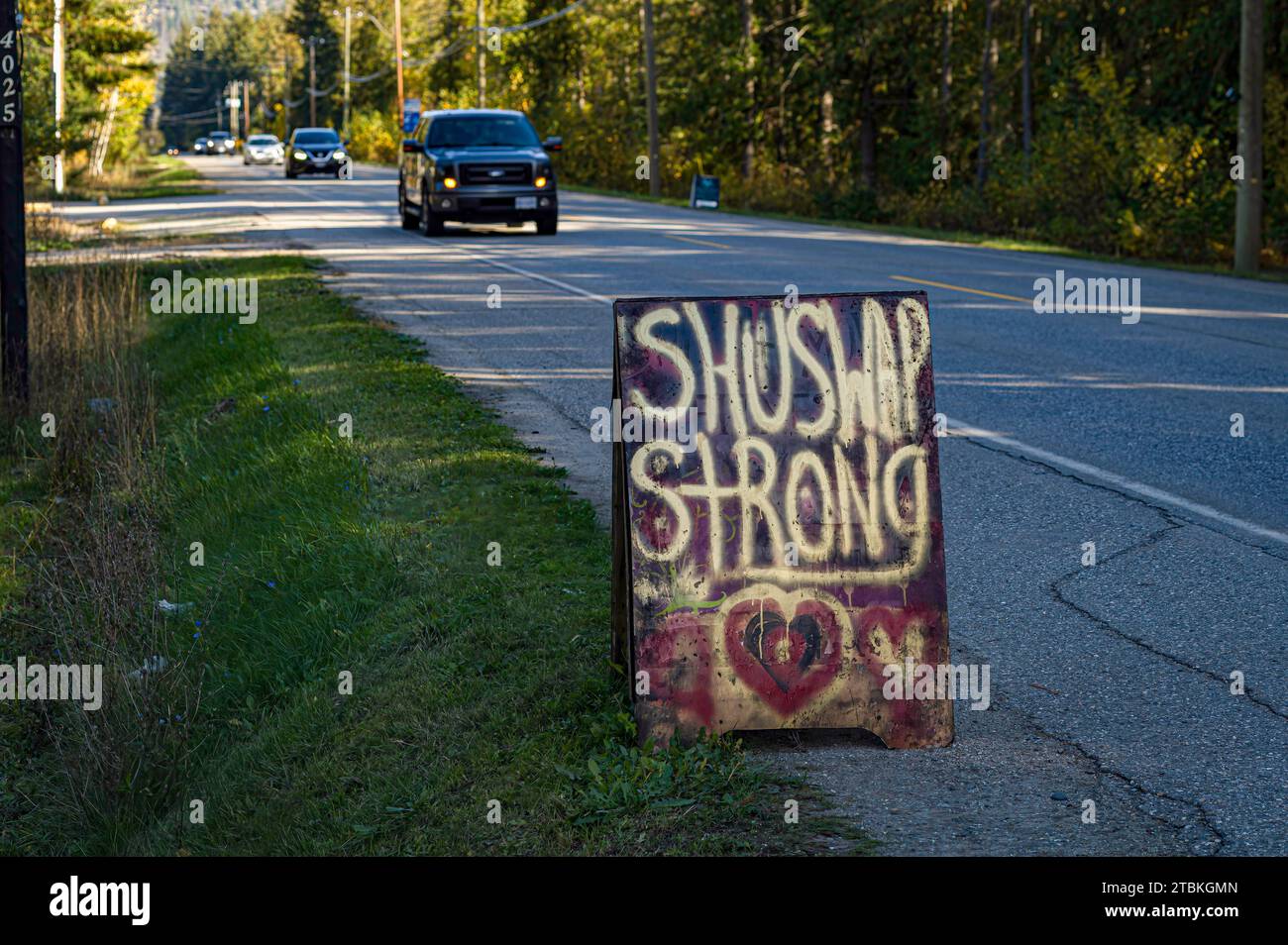 A hand-painted Shuswap Strong sign is posted at the side of Squilax ...