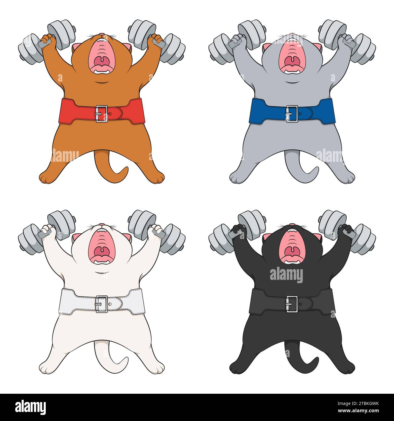 Set of color illustrations with cute cat with dumbbells and athletic ...