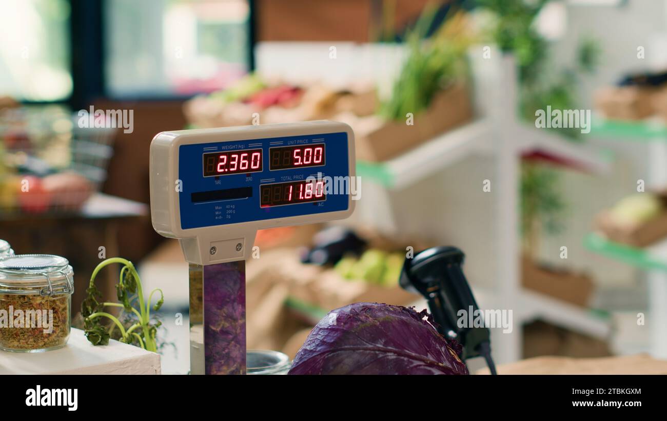Modern grocery store scale in empty shop used in small business organic ...