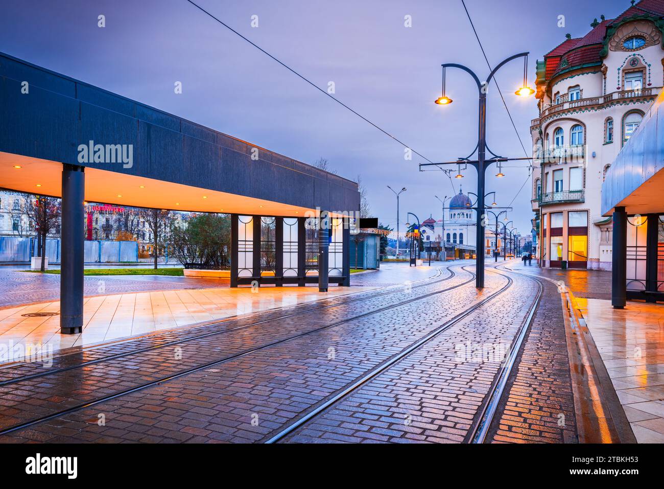 Oradea, Transylvania with tram station in Union Square cityscape in ...