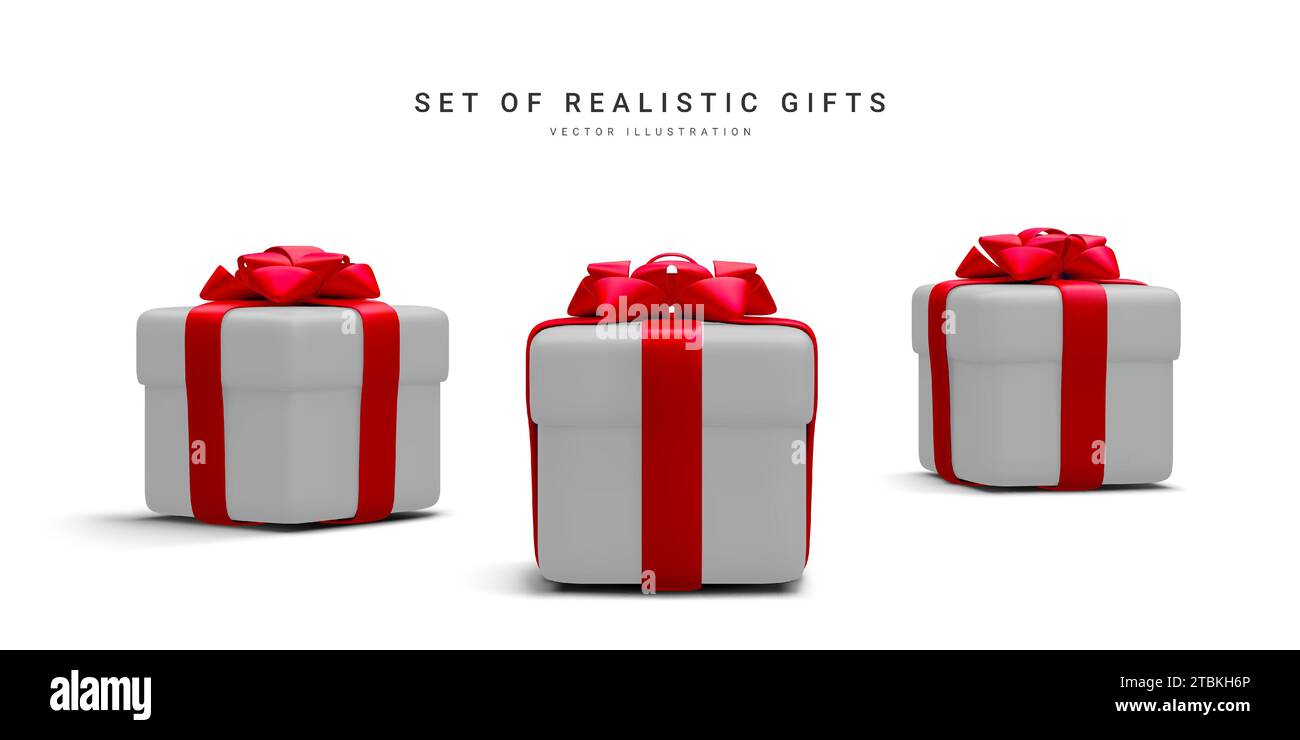 Set of 3d realistic gift boxes with redribbon isolated on white ...