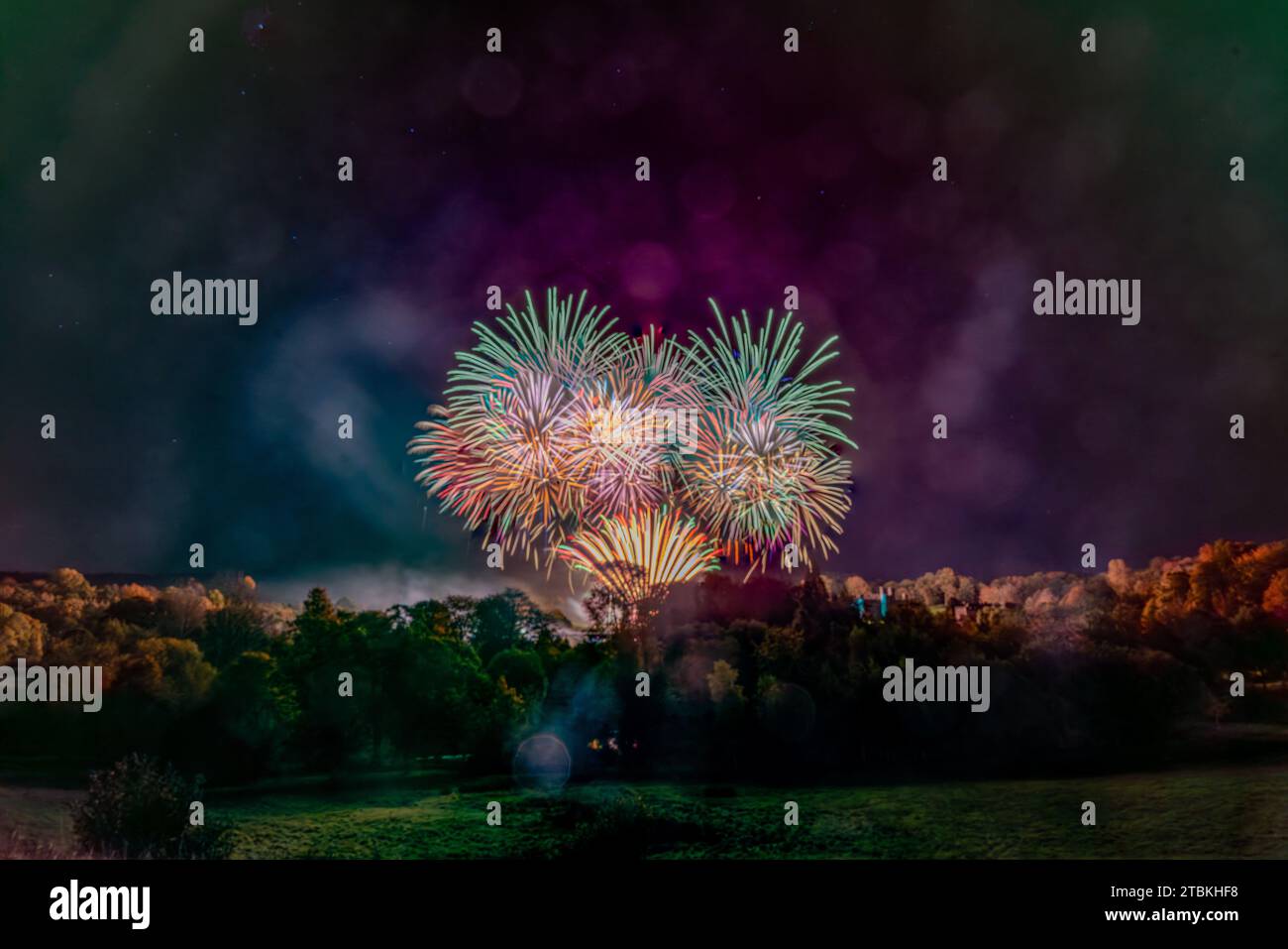Spectacular bonfire night at Leeds Castle in 2023. Fireworks display during the night of ...