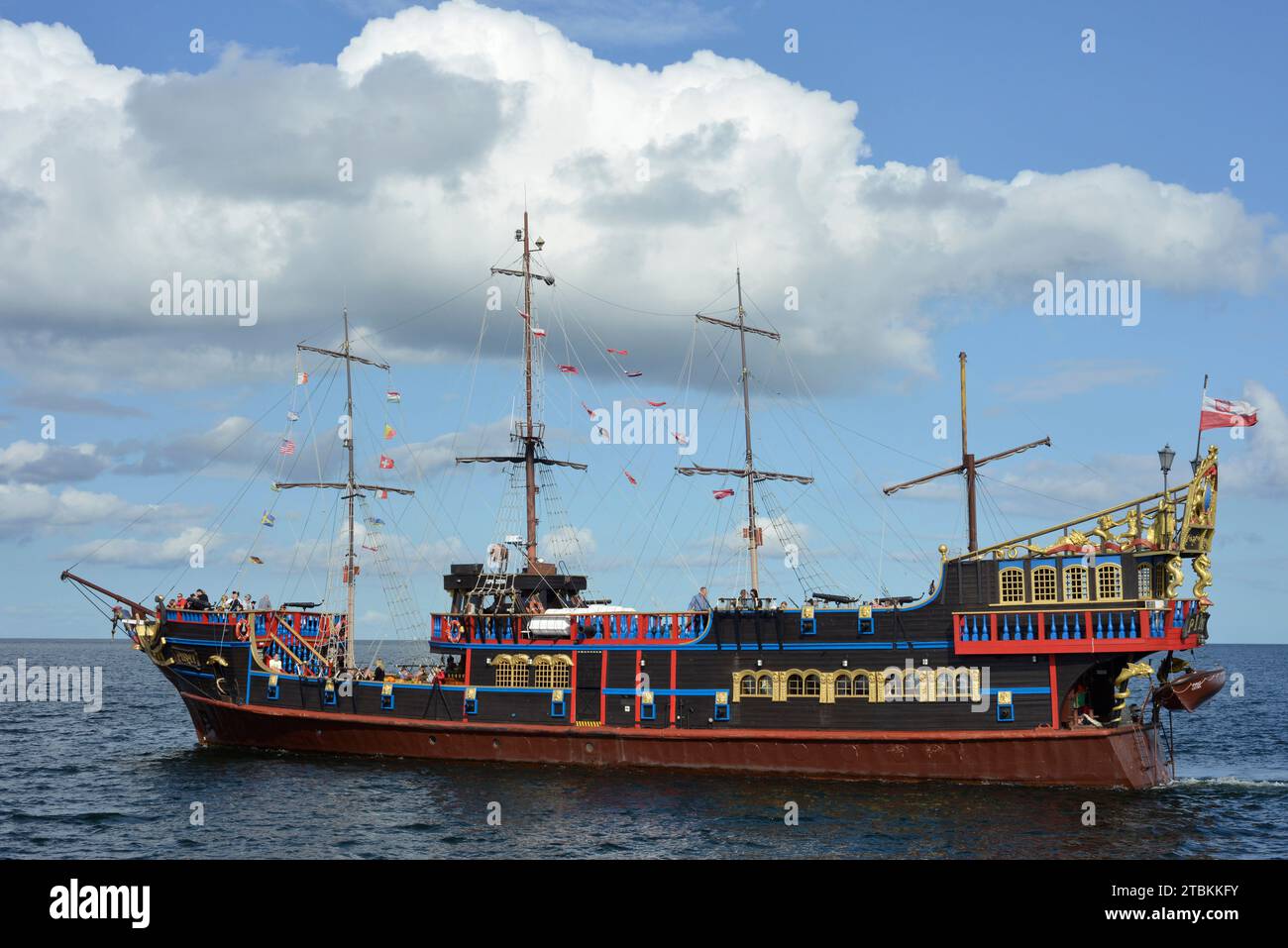 The "Pirat" pirate galleon cruise ship in the Gdanks Bay open sea near ...