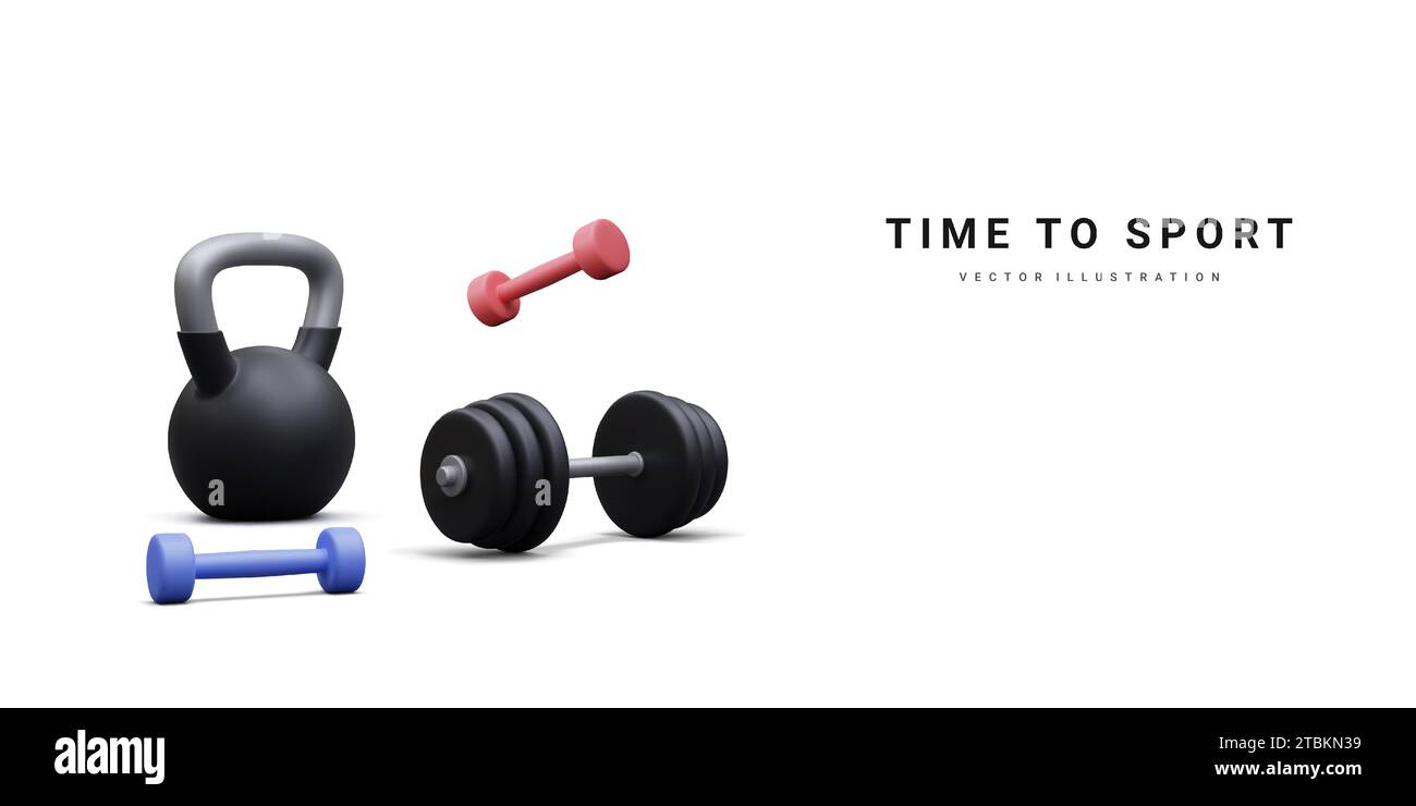 3d realistic banner with kettlebell and dumbbells isolated on white background. Vector ...
