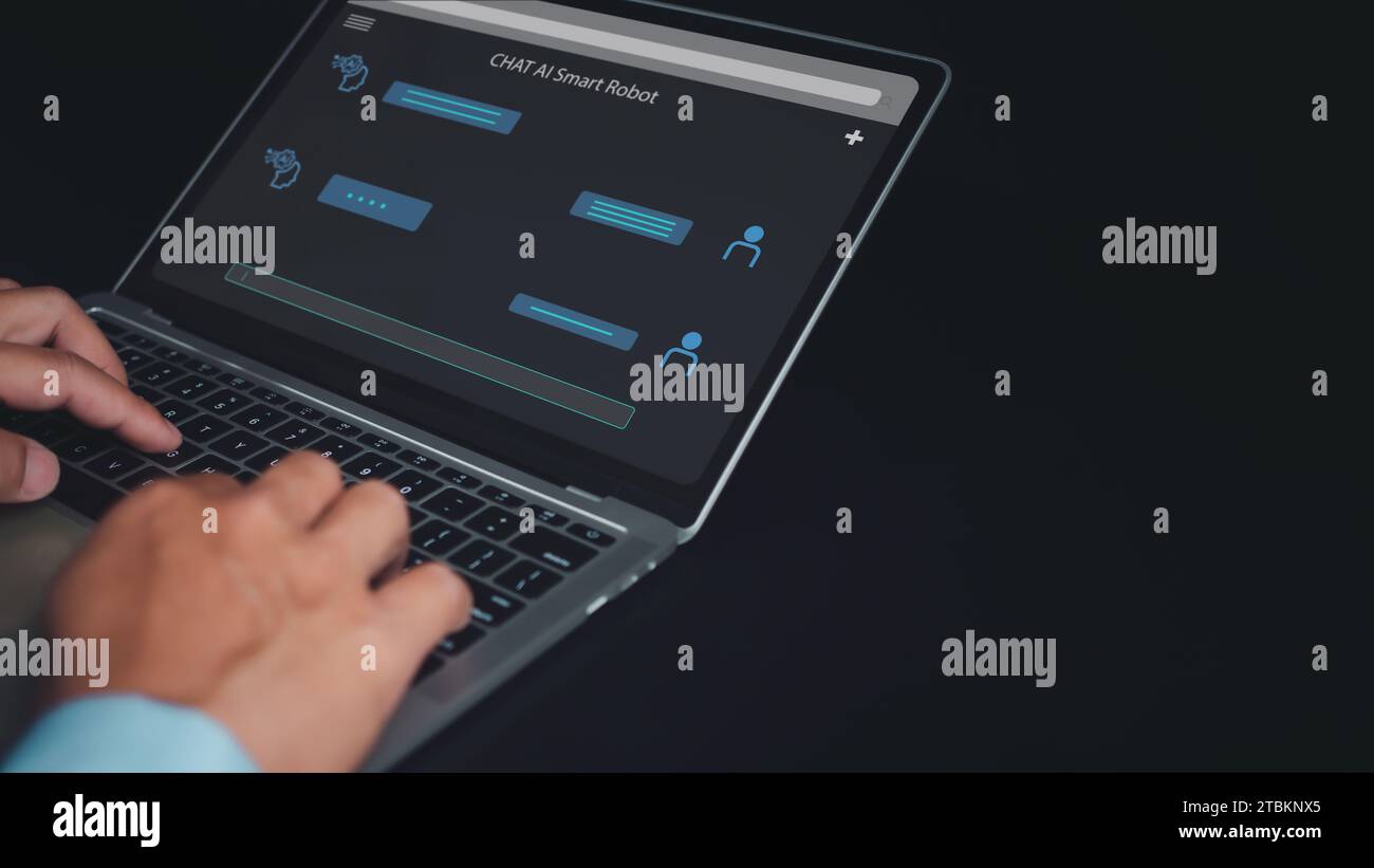 Businessman uses computer to type chat Ask and answer with the ...