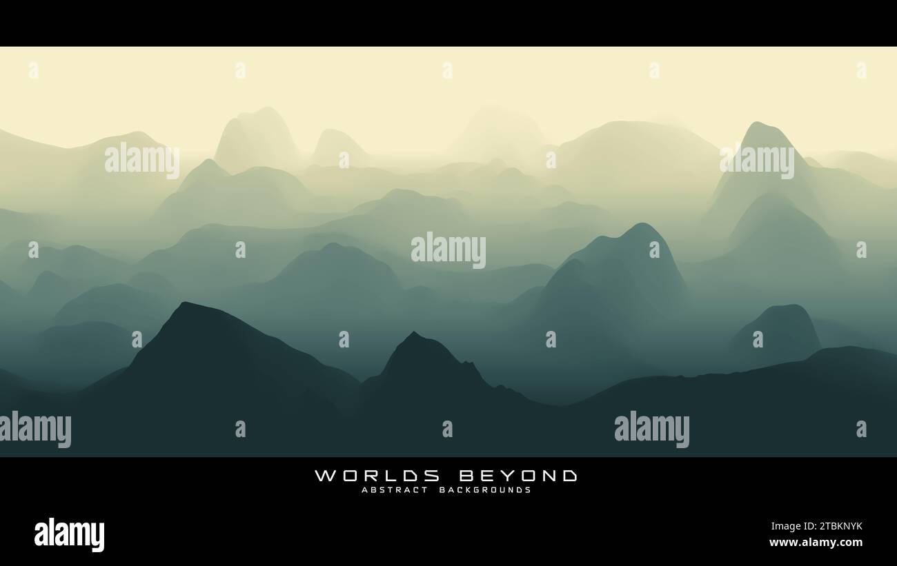 Abstract green landscape with misty fog till horizon over mountain ...