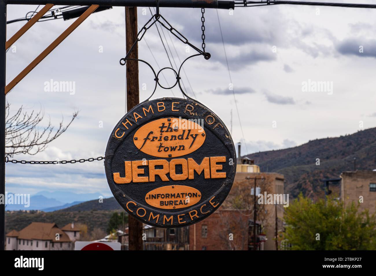 Jerome, AZ - Nov. 16, 2023: Sign above the Information Bureau says "The Friendly Town Jerome ...
