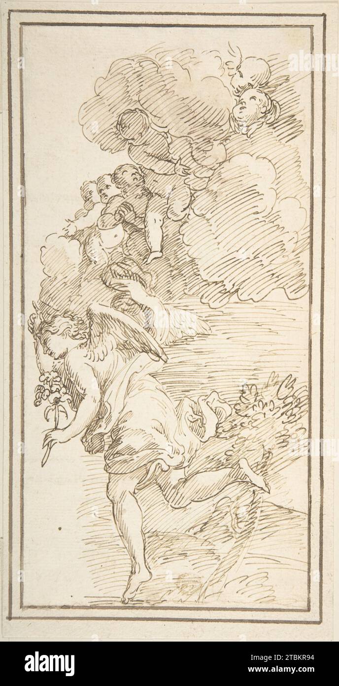 Archangel Holding a Lily in a Landscape with Clouds Bearing Putti ...
