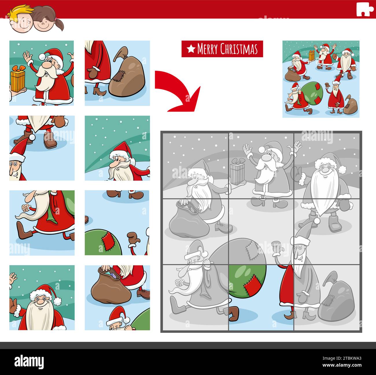 Cartoon illustration of educational jigsaw puzzle activity with Santa ...