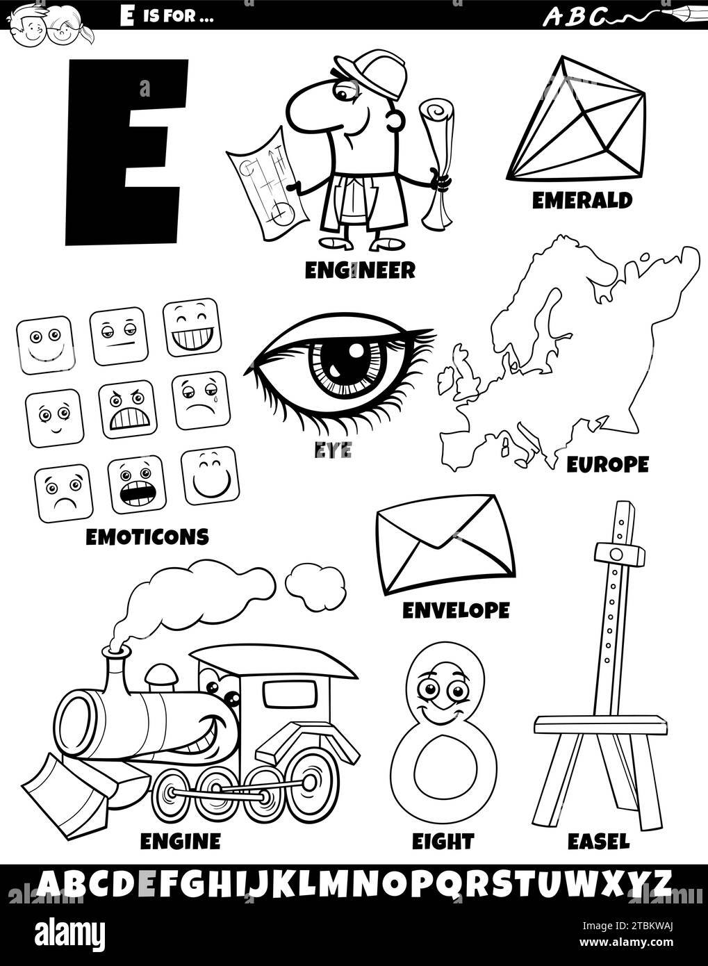 Cartoon illustration of objects and characters set for letter E ...